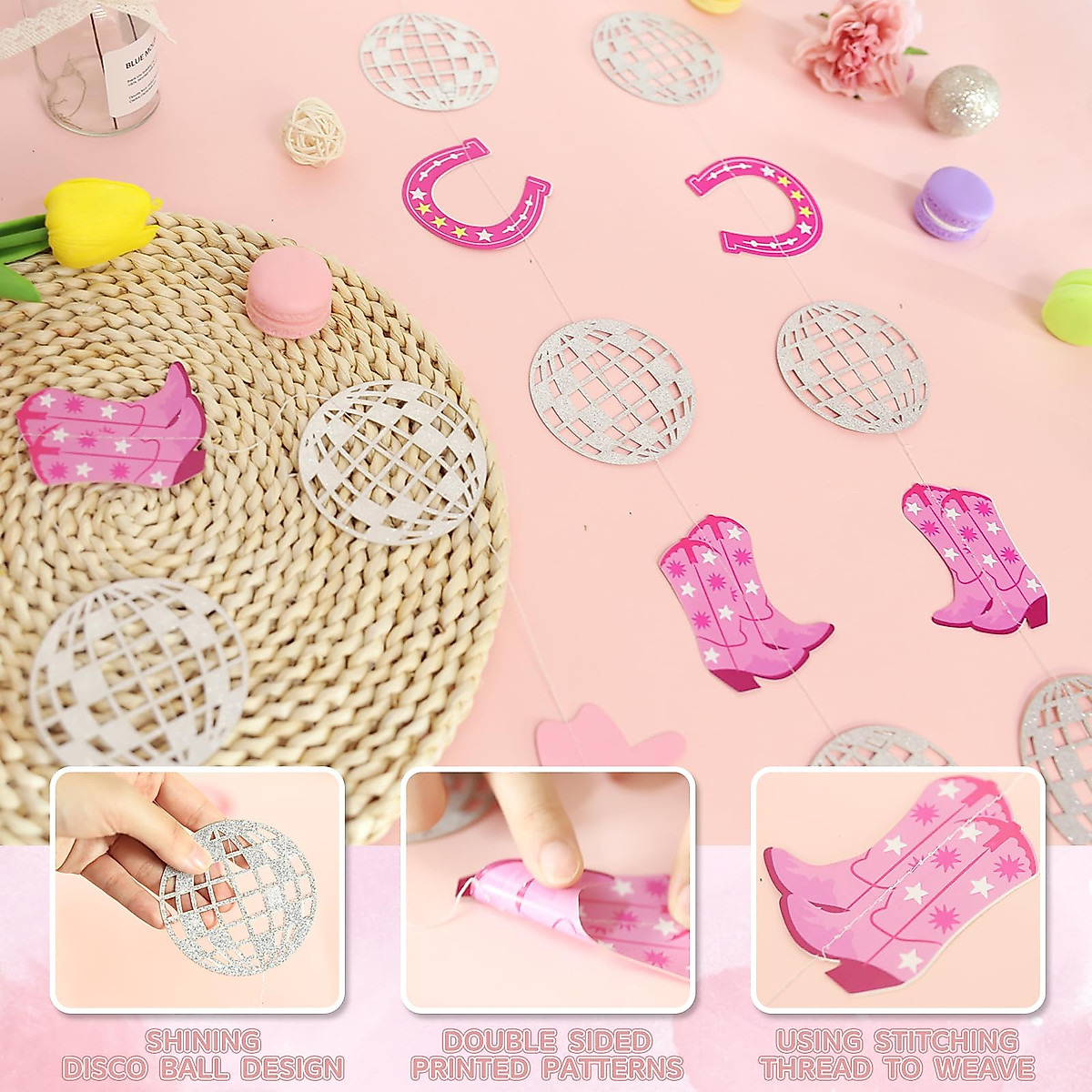 8 Pcs Cowgirl Bachelorette Party Decorations Glitter Cowgirl Disco Ball Garland String Western Cowgirl Party Hanging Decorations Cow Girls Hanging Swirls