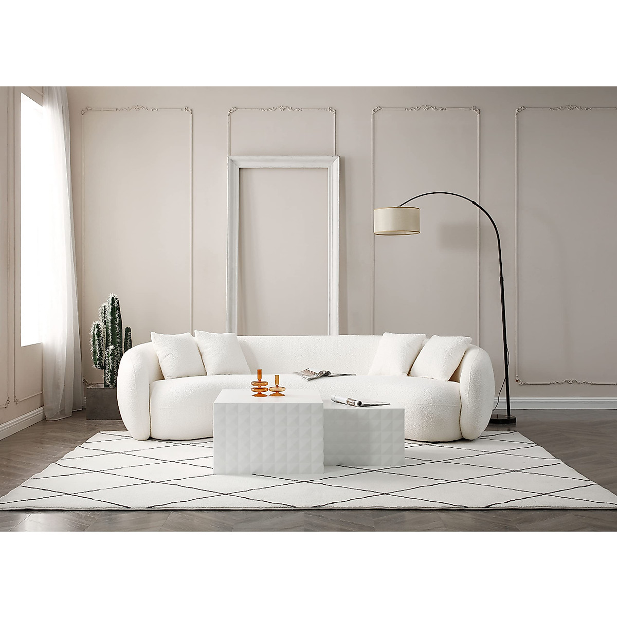 JUSTONE 101" Mid Century Modern Curved Living Room Sofa, 4-Seat Boucle Fabric Couch for Bedroom, Office, Apartment