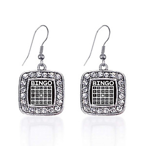 Inspired Silver - Bingo Charm Earrings for Women - Silver Square Charm French Hook Drop Earrings with Cubic Zirconia Jewelry