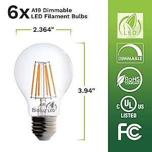 Bioluz LED 92 CRI E26 LED Bulb 60 Watt Dimmable Edison Bulbs Warm White Clear Pendant Light Bulbs UL Listed Title 20 High Efficacy Lighting 6-Pack