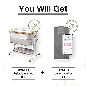 RONBEI Baby Bassinet with Breathing Baby Monitor, Bedside Sleeper with Storage Basket and Wheels, Easy Folding Bassinets for Baby and Monitor Baby Heart Rate Breathing Rate