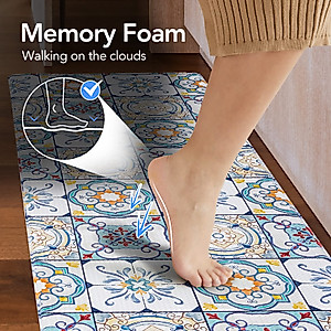 QUILTINA Kitchen Mats Cushioned Anti-Fatigue (2 PCS), Waterproof Non-Slip & Stain Resistant Kitchen Rug, 0.47'' Thick PVC Ergonomic Comfort Foam Rugs for Floor Home, Blue Flower Tile Pattern