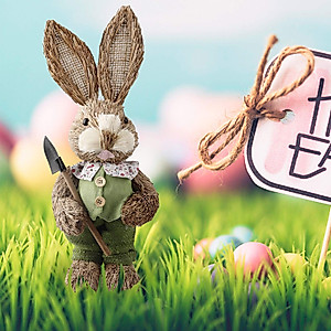 Alapaste Standing Easter Bunny Figures,14.2inch Funny Sisal Easter Bunny Holding Shovel Wearing Green Nest for Party and Home Garden Decor, for Kids