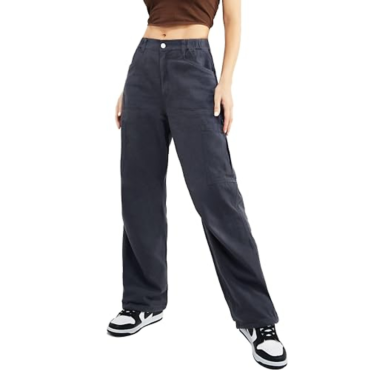 Znyeth Cargo Pants Women High Waist Baggy Jeans with 7 Pockets Casual Wide Leg Y19K Pants for Womens Work Pants Dark Gray XXL