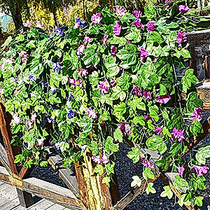 Yimeezuyu Artificial Vines 2pcs Artificial Morning Glory Trumpet Flower Vine Fake Green Plant Home Garden Wall Fence Outdoor Wedding Hanging Baskets Decor