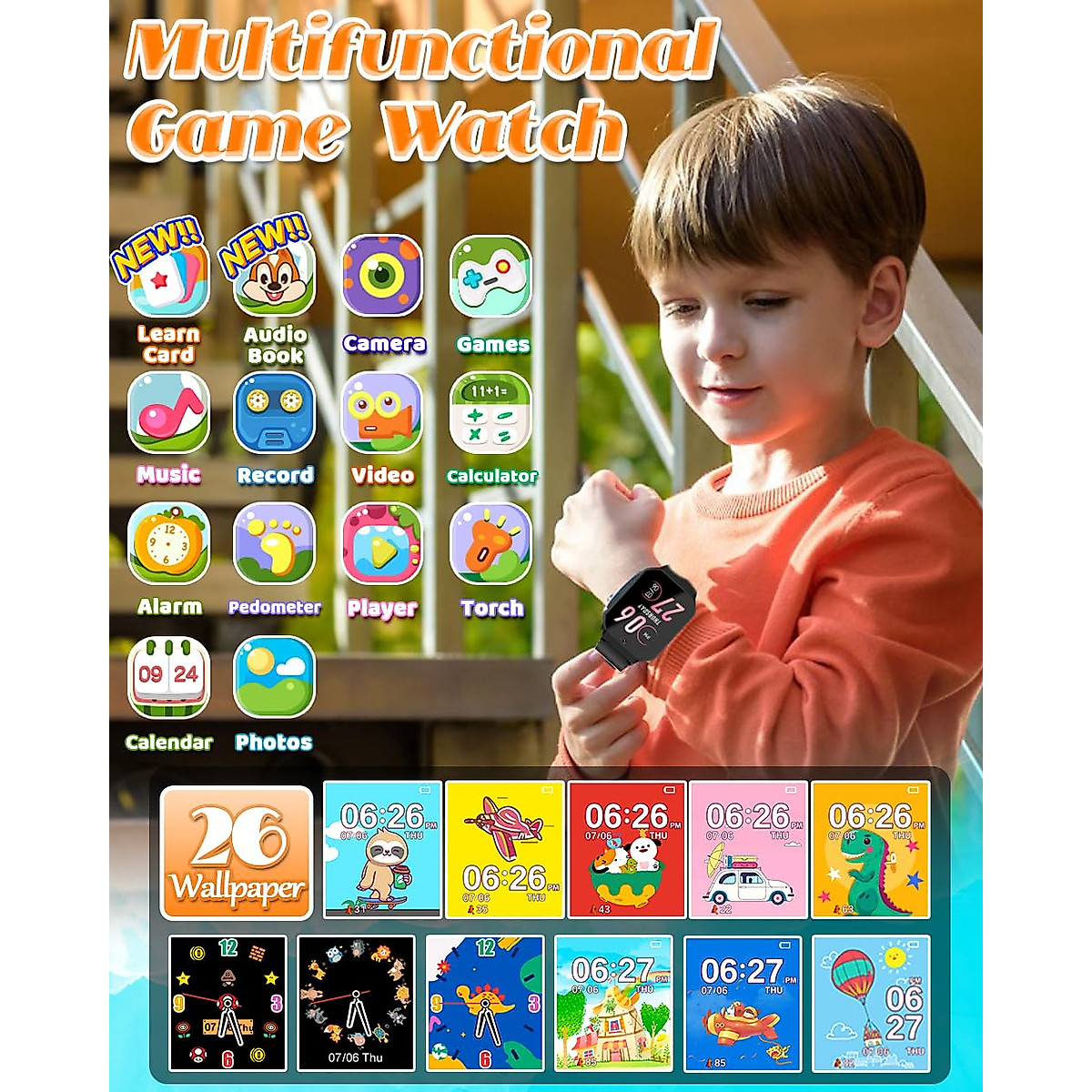 Semloo Smart Watch for Kids Boys Age 6-12 with 26 Games 1.69" High-Resolution Touchscreen Storybook Learning Card Camera Metal Case Music Player Alarm Kids Watches Learning Toys Birthday Gifts