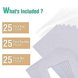 Acid Free 25 Pack 11x14 Pre-Cut Mat Board Show Kit for 8x10 Photos, Prints or Artworks, 25 Core Bevel Cut Matts and 25 Backing Boards and 25 Crystal Plastic Bags, White