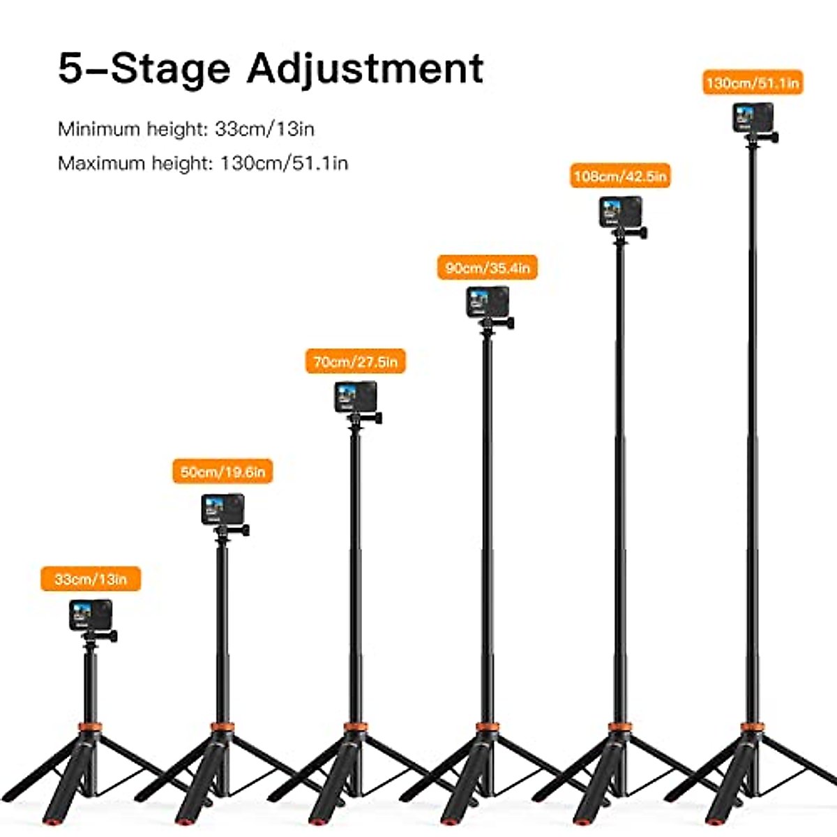 UURig Extendable Selfie Stick Tripod for GoPro Max Hero 10 9 8 7 6 5 4, DJI Osmo Action, Insta 360 One R and More Action Camera（50.7''）
