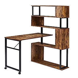 Merax, Brown L Shaped Corner Desk with Shelves and Storage, Rotating, 5-Tier Bookcase, Multi-Functional Office Workstation