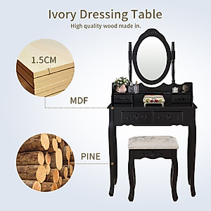 mecor Vanity Table Set/Oval Mirror,Wood Makeup Table w/4 Drawer Storage,Bedroom Dressing Table with Cushioned Stool for Girls Women Black
