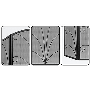 Kingson 3-Panel Arched Fireplace Screen Decorative, Handcrafted Scroll Wrought Iron Fireplace Spark Guard Cover - Black