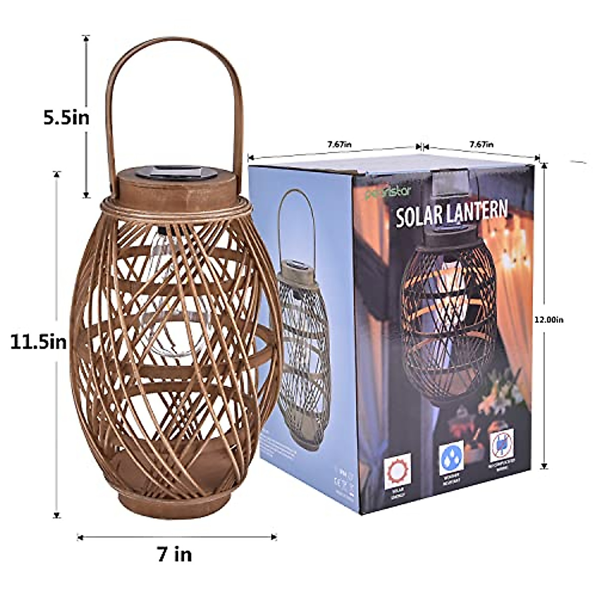 pearlstar Outdoor Solar Lanterns Light Rattan Bamboo Lamp with Handle for Hanging or Table Lamp for Patio Yard Garden Wedding Home Decoration, Edison Bulb, Auto on/Off(Style2)
