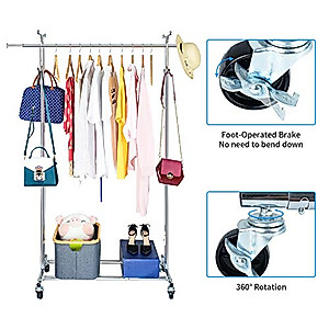 HOUSE AGAIN Adjustable 2-in-1 Heavy-Duty Garment Rack Clothes Coat Rack Rolling with Foot Operated Lockable Wheels, Extra Strength Clothes Rack for Hanging Clothes, Shoes Organizing, Chrome