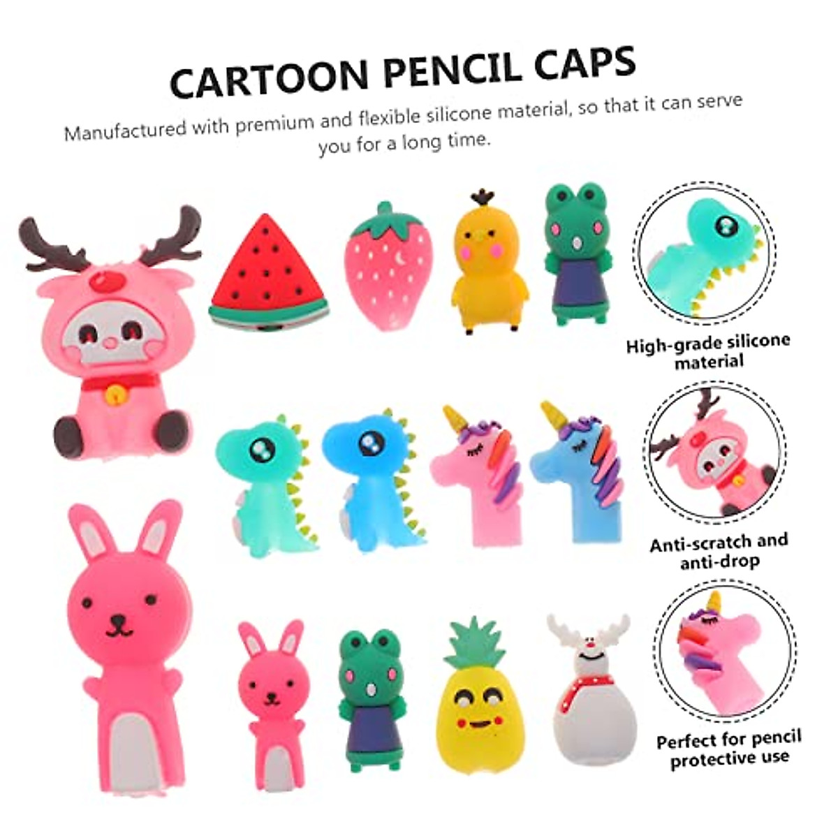 VILLCASE 150 Pcs Pencil Cap Pen Case Sensory Small Pencil Caps Fruit Pencil Toppers Adorable Pencil Protectors Animal Pencil Caps Cartoon Pen Sleeves Child Mini Pointed Hat