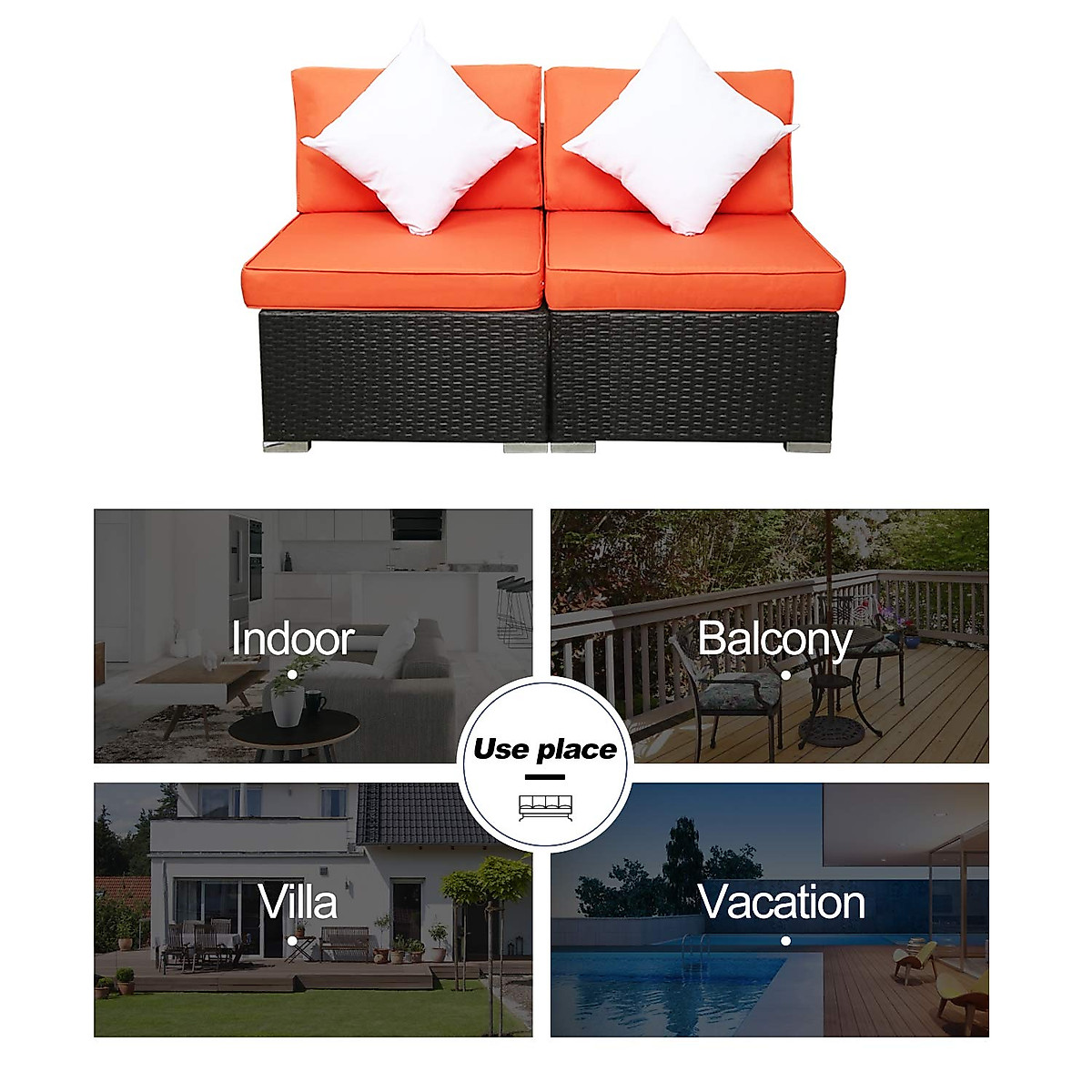 EXCITED WORK PE Wicker Sofa Outdoor Loveseat 2 Piece Patio Couch with Washable Couch Cushions, Outdoor Sectional Furniture Sofa Sets