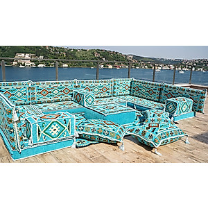 Light Blue Corner Floor Sofa Seating Set, U Shaped Arabic Sofa Set, Oriental Floor Seating, Floor Cushions, Living Room Sofa, Arabic Majlis,Floor Couch (U Sofa Full Set)