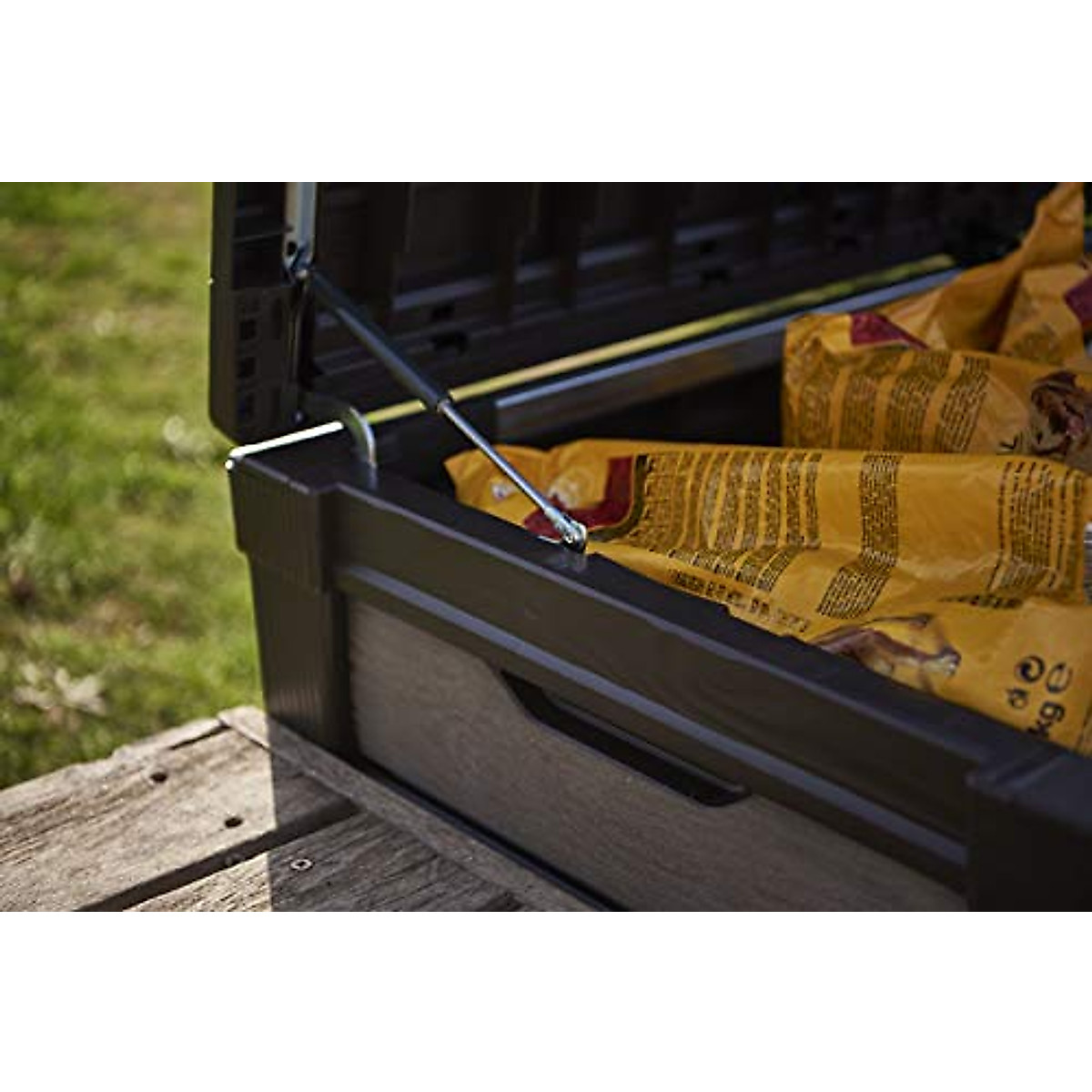 Keter Brushwood 120 Gallon Resin Large Deck Box for Patio Garden Furniture, Outdoor Cushion Storage, Pool Accessories, and Toys, Brown