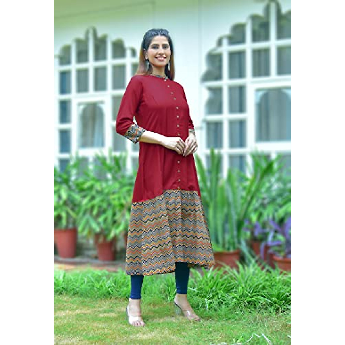 Yash Gallery Women's Rayon & Cotton Cambric Zig-Zag Print A-Line Kurta (S, Maroon)
