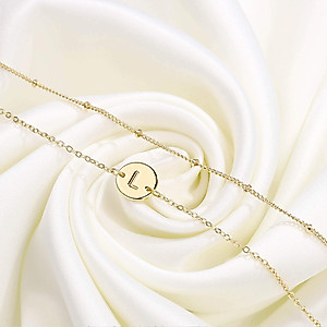 MONOZO Gold Initial Bracelets for Women, Dainty 14K Gold Filled Layered Beaded L Letter Initial Bracelet Personalized Alphabet Disc Monogram Charm Bracelet Jewelry Gifts for Her