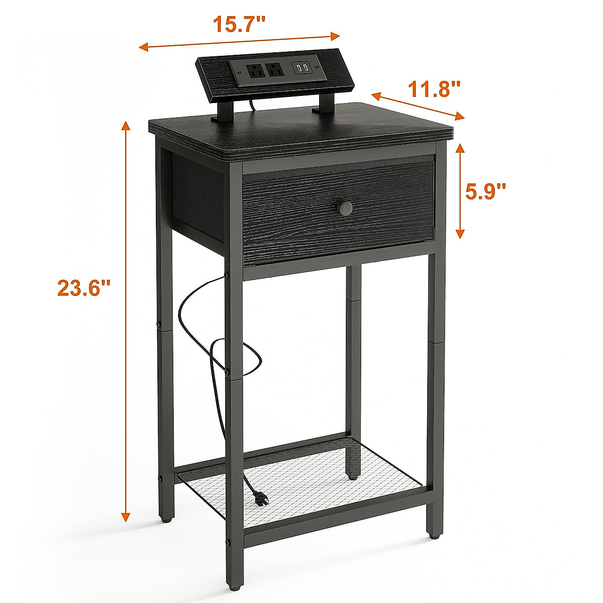 Fixwal Black Nightstands Set of 2 with Charging Station, Night Stand End Table with USB Ports & Outlets, Bedside Table with Fabric Drawer for Room, Bedroom