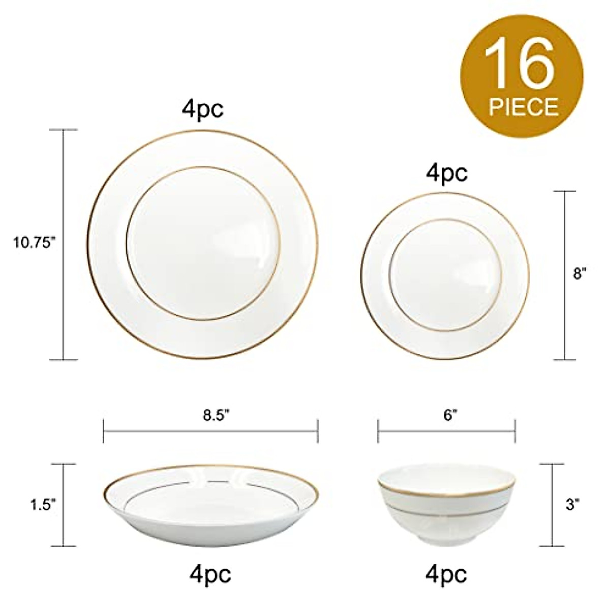 Bone China Dinnerware, 16PC Set, Service for 4, Double Gold Rim, White, Microwave Safe, Elegant Giftware, Dish set, Essential Home, Everyday Living, Display, decoration, Kitchen Dishes, Dinner set