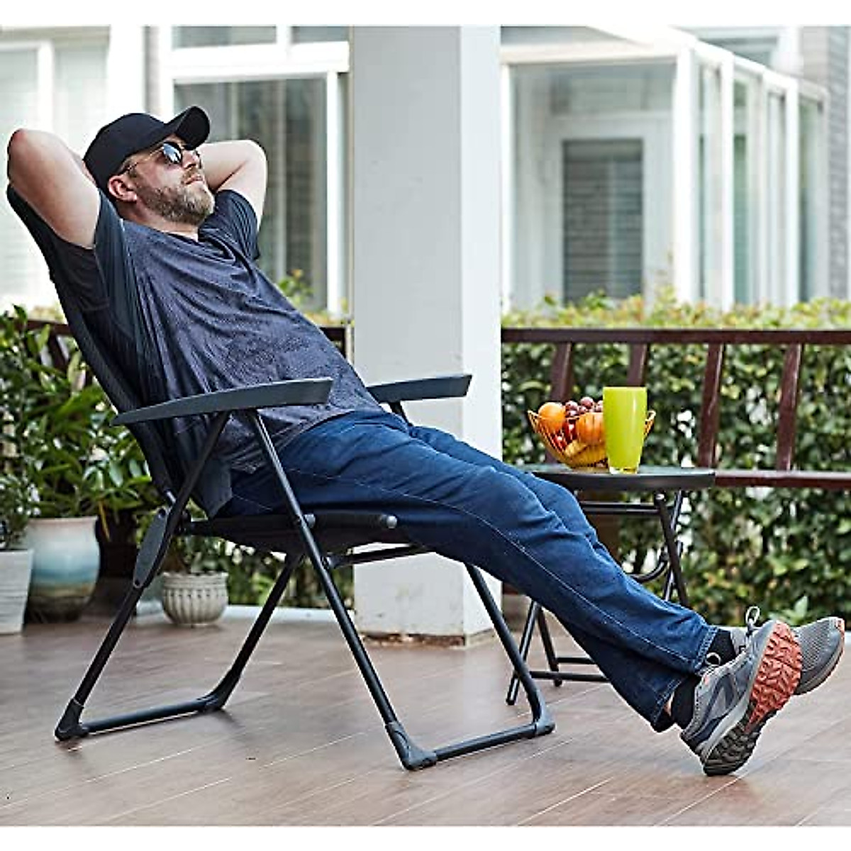 TIMBER RIDGE Foldable Lawn 7-Level Adjustable High Back for Adults Lightweight Aluminum Padded Outdoor Chair, Heavy Duty Supports 300 LBS, Black-1 Pack