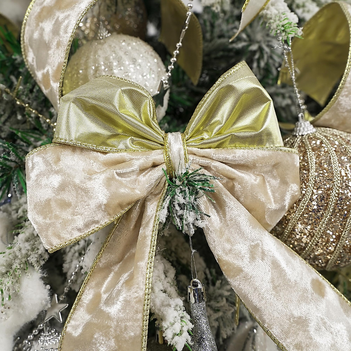 MEEDEE Ivory Velvet Ribbon with Gold Back Double Sided Christmas Wired Ribbon Cream Velvet Ribbon 2.5 Inch with 10 Yards Christmas Velvet Ribbon for Christmas Tree, Wreath Supplies, Crafts Bow