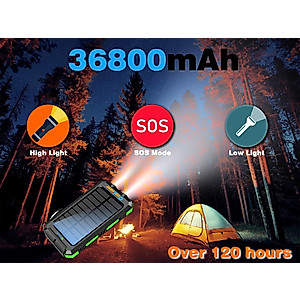 Solar Power Bank 36800mah, Solar Charger Power Bank with 18W PD 5V 3.1A outputs, IP67 Waterproof, Grade A+ Battery with LED Flashlight and Compass, Perfect Camping Gear Accessory for Outdoor (Green)