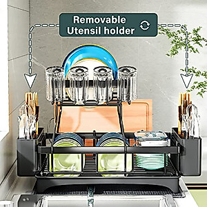 Dish Drying Rack, Detachable 2 Tier Dish Rack and Drainboard Set, Large Capacity Dish Drainer Organizer Shelf with Utensil Holder, Cup Rack, Extra Drying Mat for Kitchen Counter, Black