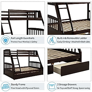 Harper & Bright Designs Twin Over Full Bunk Bed with Two Storage Drawers, Solid Wood Bunk Bed for Kids, Teens, Adults, Espresso