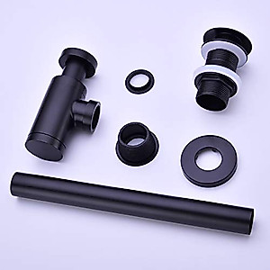 GORDEE Bathroom Sink Stopper P-Trap Complete Set Adjustable 1-1/4 Bottle Trap Solid Brass Sink Drain Kit Tube and Pop Up Drain Stopper Set Without Overflow, Matte Black