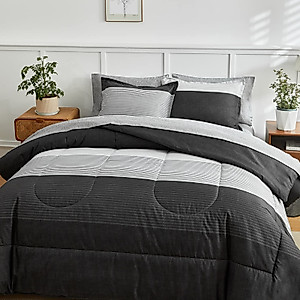 Flysheep Ombre Striped Bed in a Bag 7 Pieces King Size, Grey and White Stripes Comforter Sheet Set (1 Comforter, 1 Flat Sheet, 1 Fitted Sheet, 2 Pillow Shams, 2 Pillowcases)
