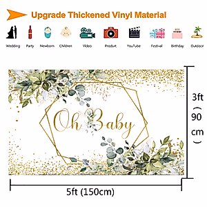 InMemory Greenery Oh Baby Baby Shower Backdrop Glitter Gold Eucalyptus Neutral Baby Shower Photography Background Green Leaves Boy Girl Newborn Oh Baby Gender Party Decoration Photo Booth Banner 5x3ft