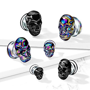 Pierced Owl Pyrex Glass Skull Head Shaped Double Flared Plug Gauges, Sold as a Pair (Black, 10mm (00GA))