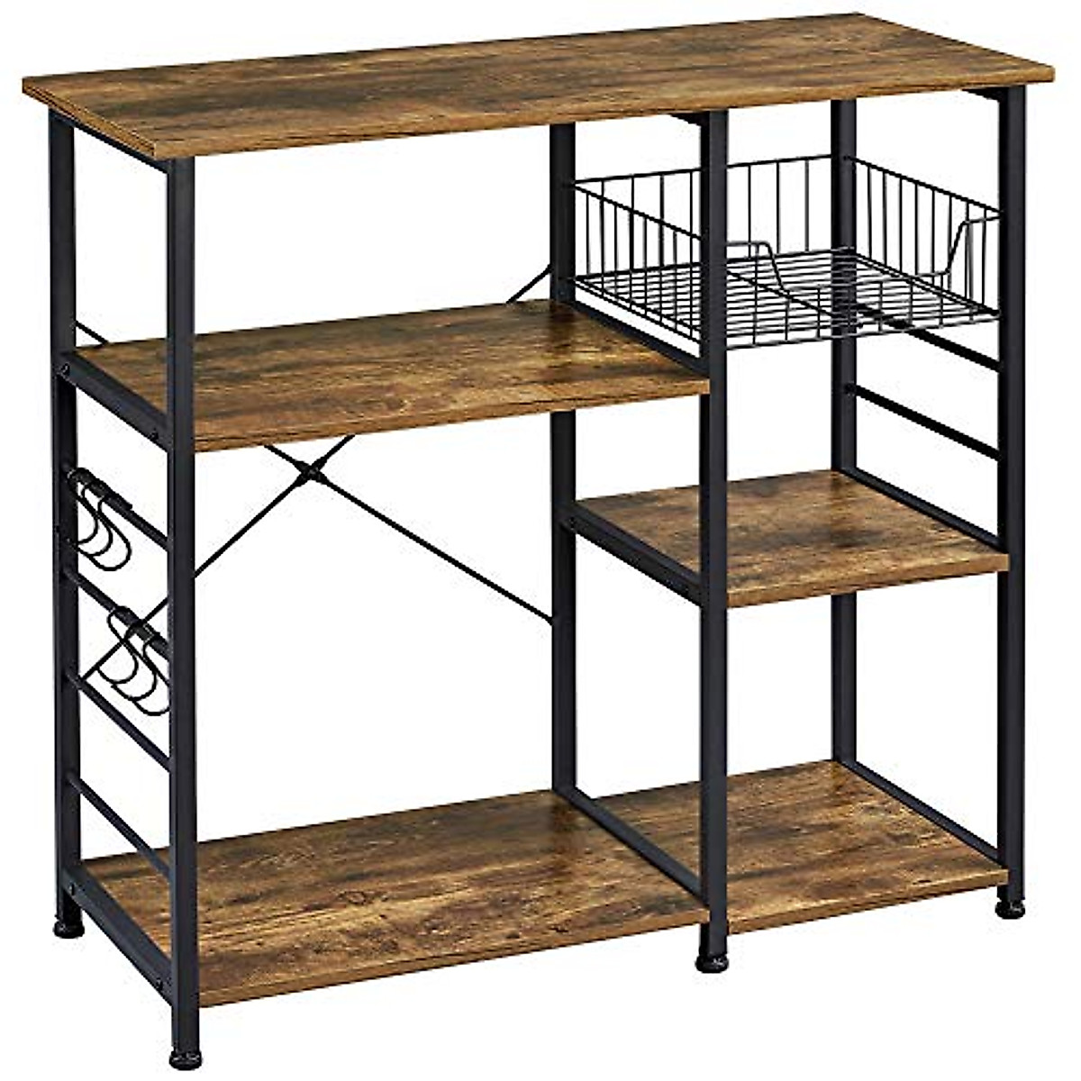Yaheetech 4-Tier Kitchen Baker's Rack, Coffee Bar Microwave Stand Cart with Wire Basket & 6 Side Hooks, Kitchen Organizer Shelf for Spices/Utensils Foods, Rustic Brown