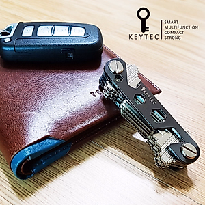 KEYTEC Compact Key Organizer (12-16 Keys) - Premium Key Holder with Built-in Tools - Bottle Opener/Phone Stand - Black Frame Plus Anti Loosening Washer - Great Gift (Black)