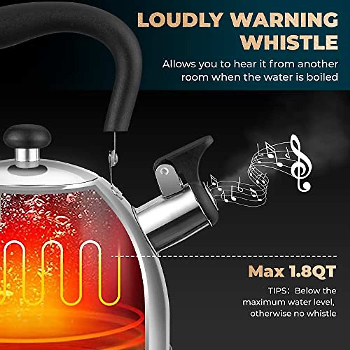 Tea Kettle for Stove Top - HIHUOS 2.2QT Whistling Teapot for Stovetop with Universal Base - Food Grade Stainless Steel Tea Pots for Stove Top - Mirror Sleek Teakettle with Cool Grip Bakelite Handle