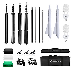 Yesker Photography Lighting Umbrella Kit, 6x9ft Muslin Backdrop (White/Black/Green Screen Kit), 8.5x10ft Background Support System Continuous Lights Umbrella Equipment for Portrait Photo Video Studio