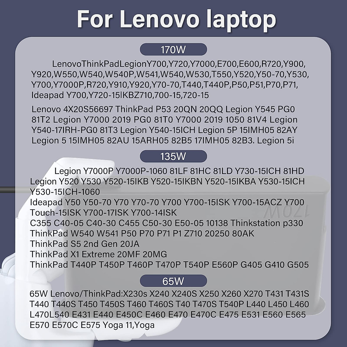170W AC Laptop Charger for Lenovo ThinkPad P73 P50 P51 P52 W540 W541 P15v P16v T15p, for Lenovo Legion Y7000 Y540 Y545 Y720 Y730 ADL170SCC3A SA10R16886 20V 8.5A Power Supply Adapter