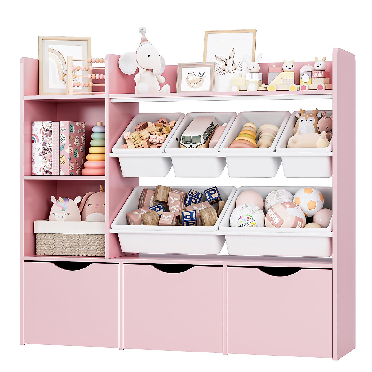 FACBOTALL Toy Storage Organizer with 3 Movable Drawers, Bookshelf and Bookcase with 6 Plastic Bins & 2 Storage Cubbies, Toy Chest with Hidden Wheels, Toy Storage Box for Playroom, School, Pink