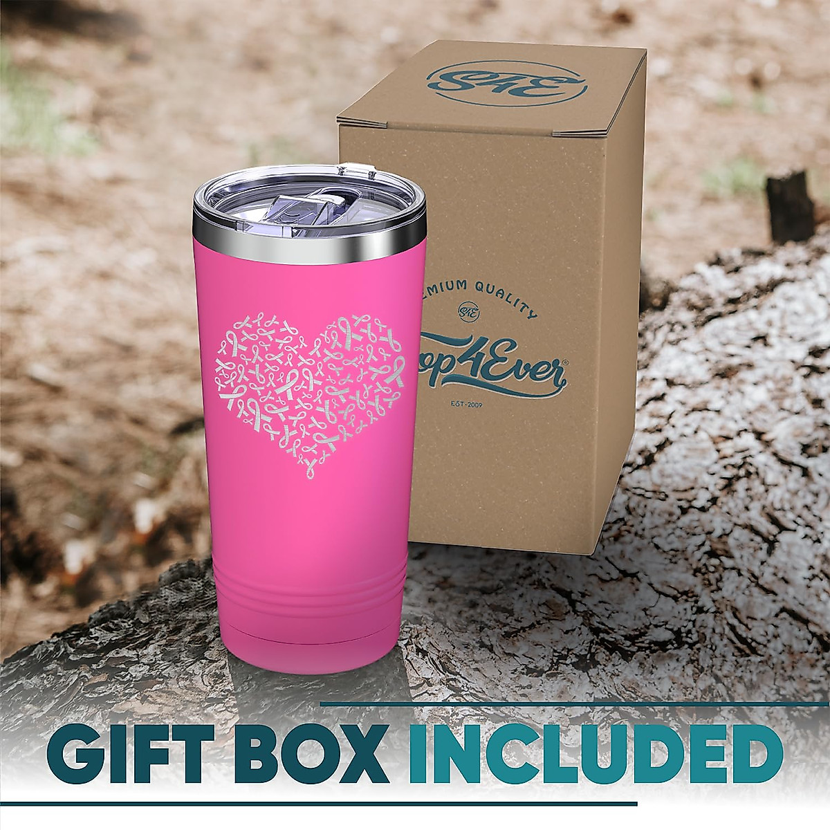 shop4ever Breast Cancer Awareness Pink Ribbon Heart Insulated Tumblers 20 oz. with Lid, Stainless Steel Cups Travel Coffee Mug (Pink)