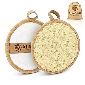 Almooni Premium Egyptian Exfoliating Loofah Pad Body Scrubber - Round loofa Shape - Made with Natural Egyptian Shower lufa Sponge That Gets You Clean - Not Just Spreading Soap -2 Pack