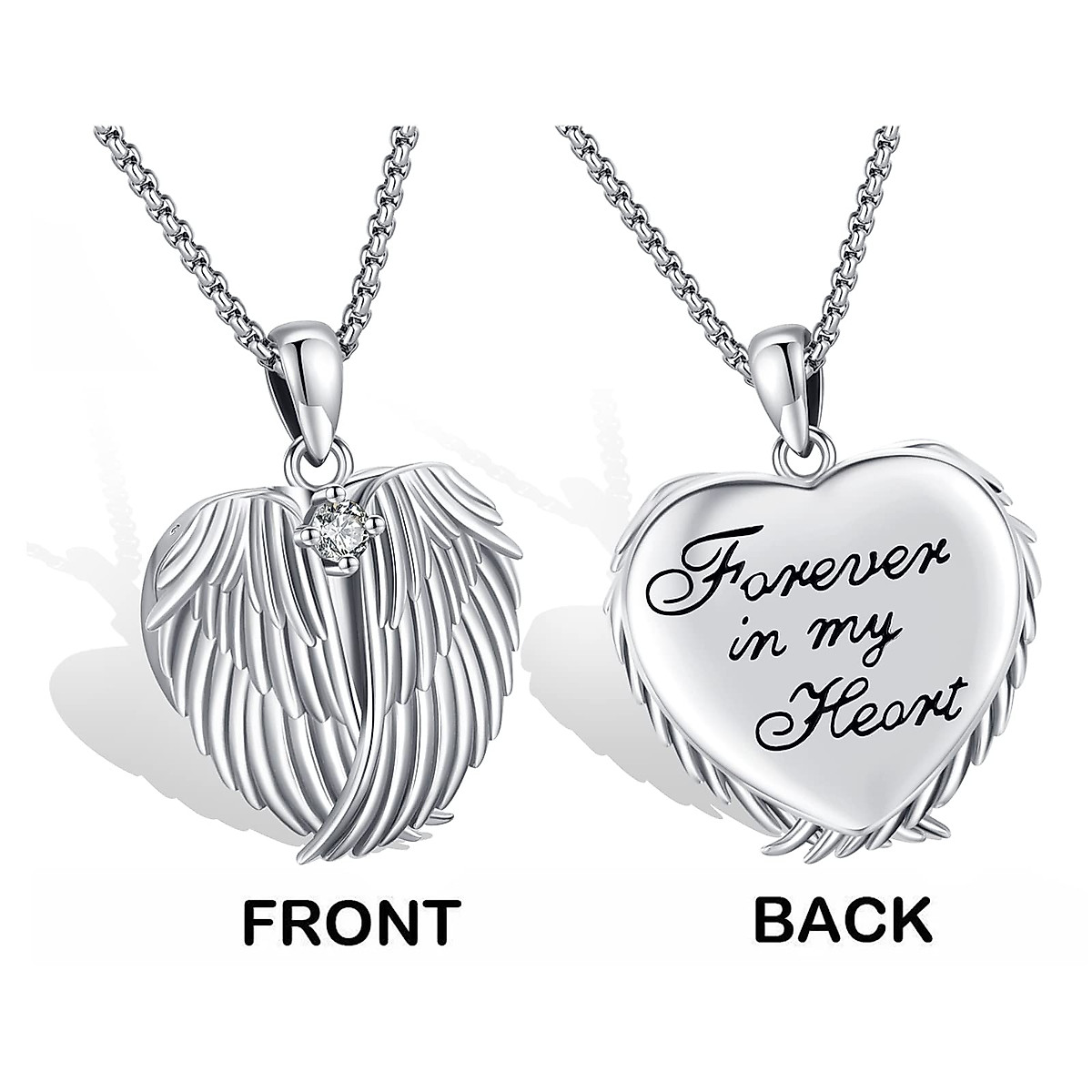 Picture Locket Necklace for Women Men 925 Sterling Silver Pendant Angel Wings Heart Locket Necklace that Holds Pictures Crystal Jewelry Memorial Necklace with Picture Personalized Photo Gifts for Her