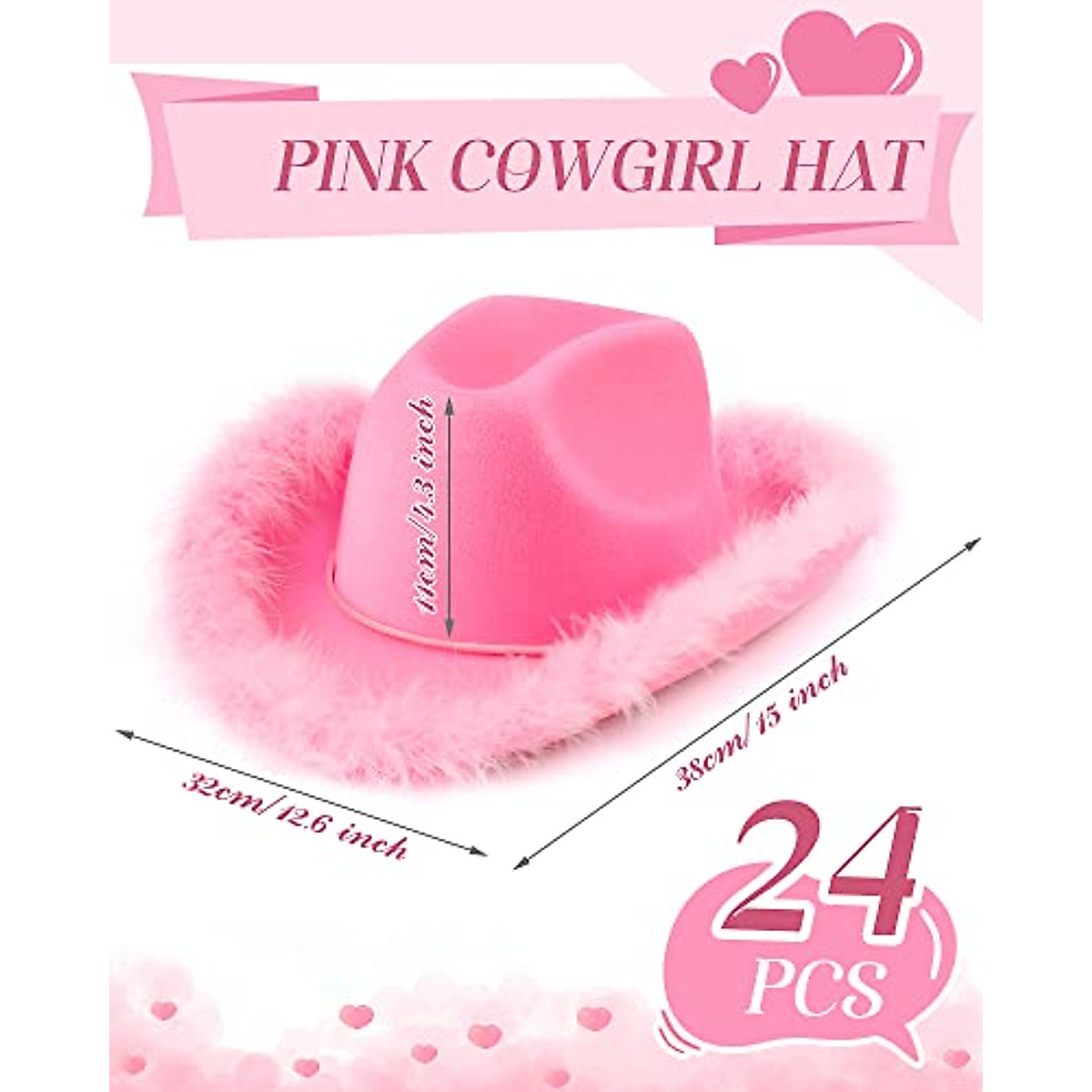 Jecery 24 Pieces Pink Cowboy Cowgirl Hat Bulk with Feather Boa for Women Girl Wedding Bachelorette Birthday West Party Costume Accessories