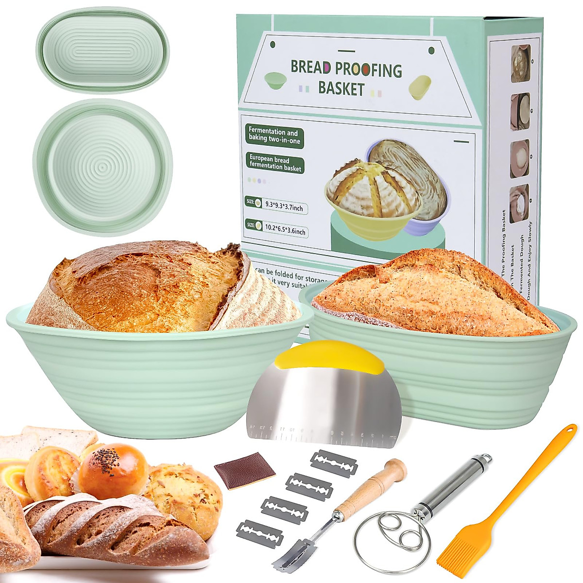 Neddie Silicone Banneton Bread Proofing Baskets, 9 Inch Round & 10 Inch Oval Foldable Sourdough Baking Basket, Complete Set for Bread Making With Essential Tools, Easy to Clean and Storage (Green)