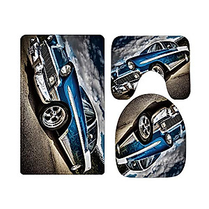Old Classic Blue Car Bathroom Rugs and Mats Sets 3 Piece, Memory Foam Bath Mat, U-Shaped Contour Shower Mat Non Slip Absorbent, Velvet Toilet Lid Cover Washable