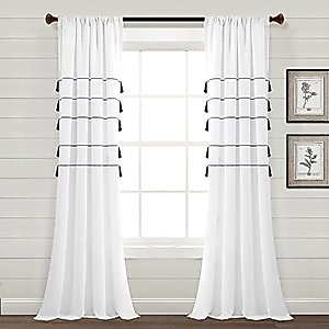 Lush Decor Farmhouse Boho Stripe Woven Tassel Yarn Dyed Cotton Window Curtain Panel Pair, 95" L x 42" W, White