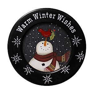 CVHOMEDECO. Snowman and Little Bird Decorative Plate Primitives Vintage Round Display Wooden Plate Home Décor Art, 9-3/4 Inch