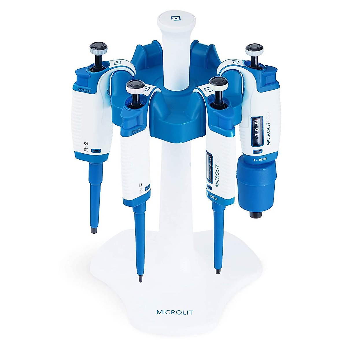 MICROLIT - Complete Starter Kit, Pipettes with 0.5-10ul, 10-100ul, 100-1000ul and 1-10ml Liquid Capacity, 4-Piece Set of Pipettes with a Carousel Stand and Compatible Micropipette Tips
