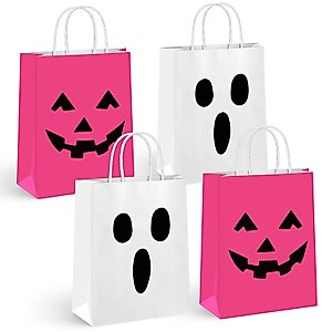 JarThenaAMCS 24Pcs Halloween Paper Gift Bags Pink White Ghost Pumpkin Party Favor Bags with Handle Goodie Candy Treat Bags for Halloween Party Decor Supplies